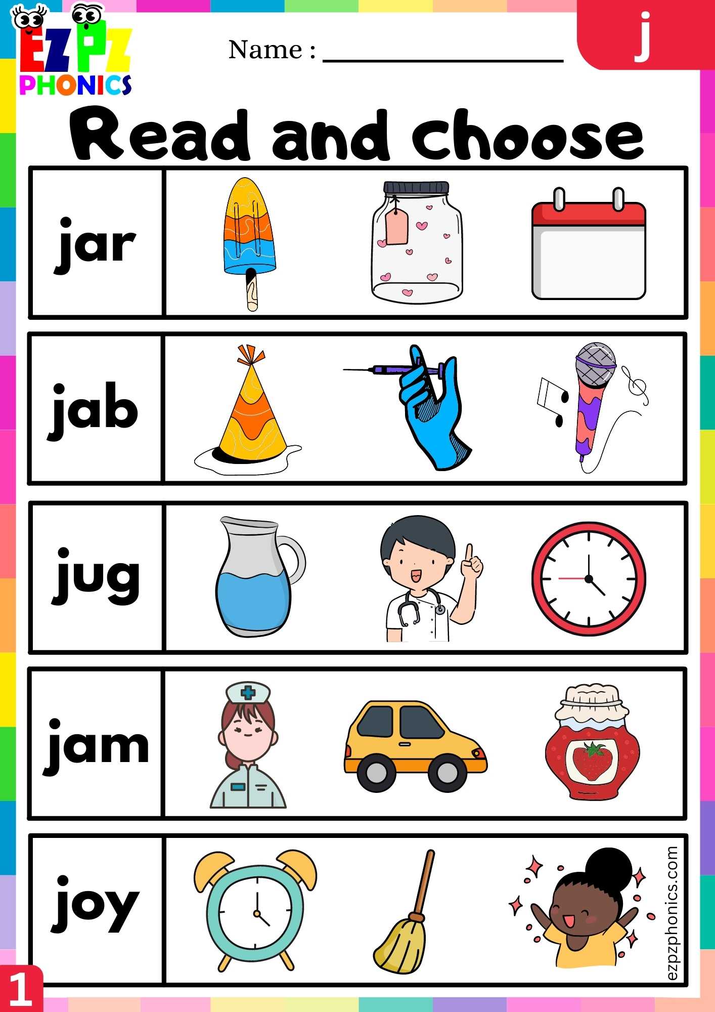Letter J Read And Choose Beginning Sounds Worksheet - ezpzphonics.com
